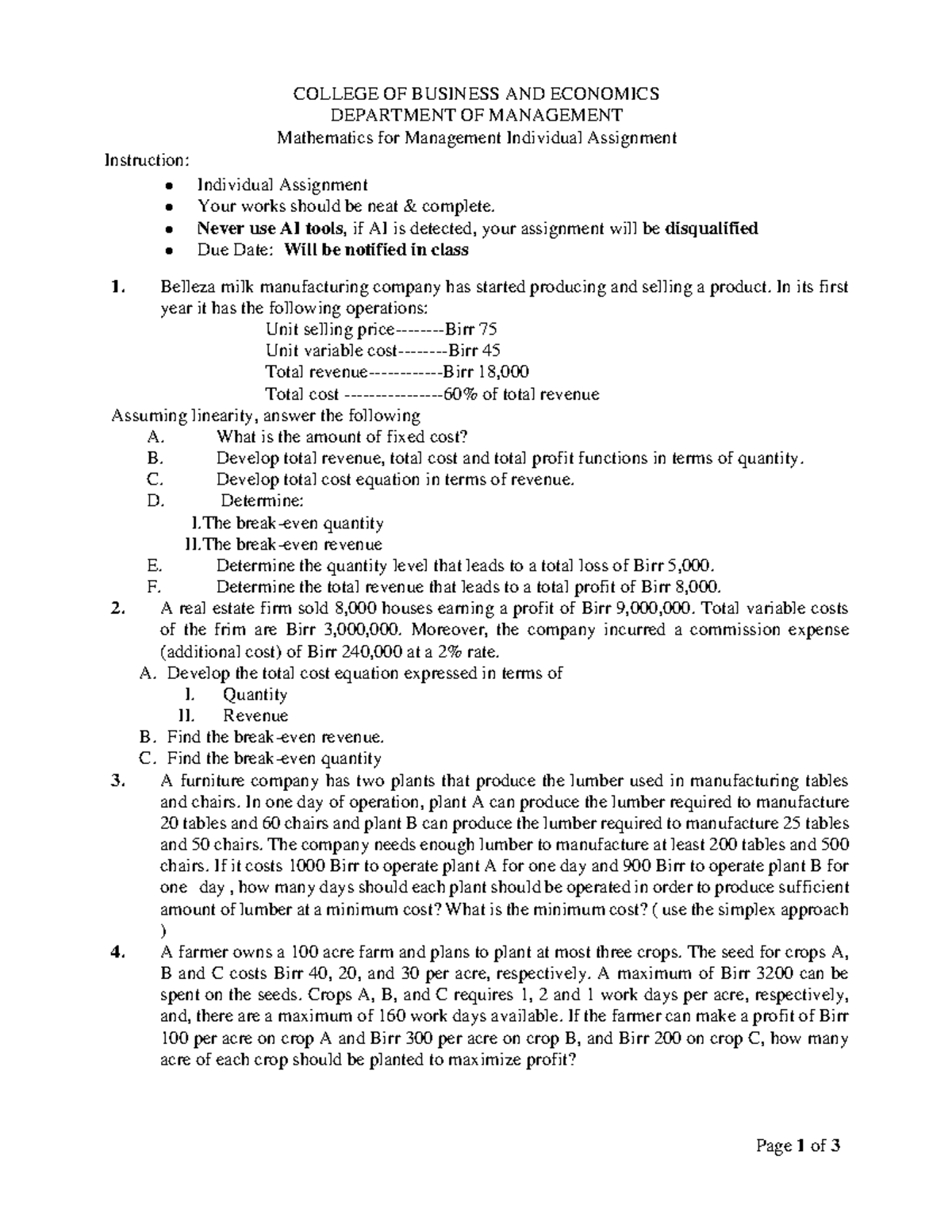 MGT 101: Mathematics for Management Individual Assignment Guide - Studocu