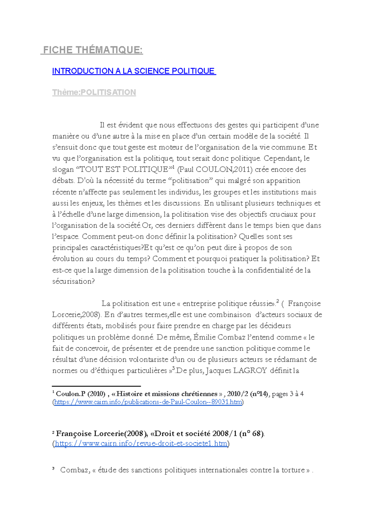 Fiche Thematique Politisation - FICHE THÉMATIQUE: INTRODUCTION A LA ...