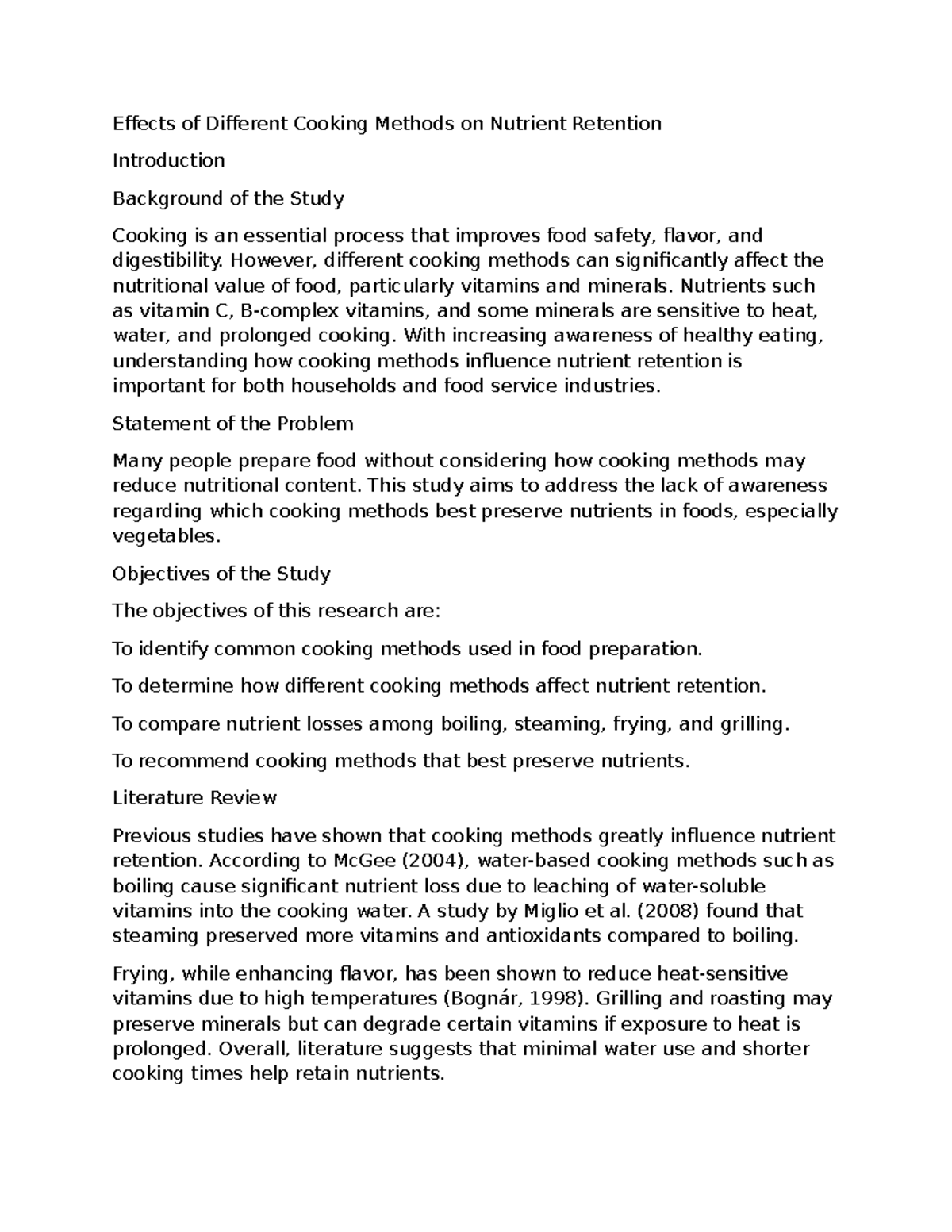 Effects of Cooking Methods on Nutrient Retention: A Study - Studocu