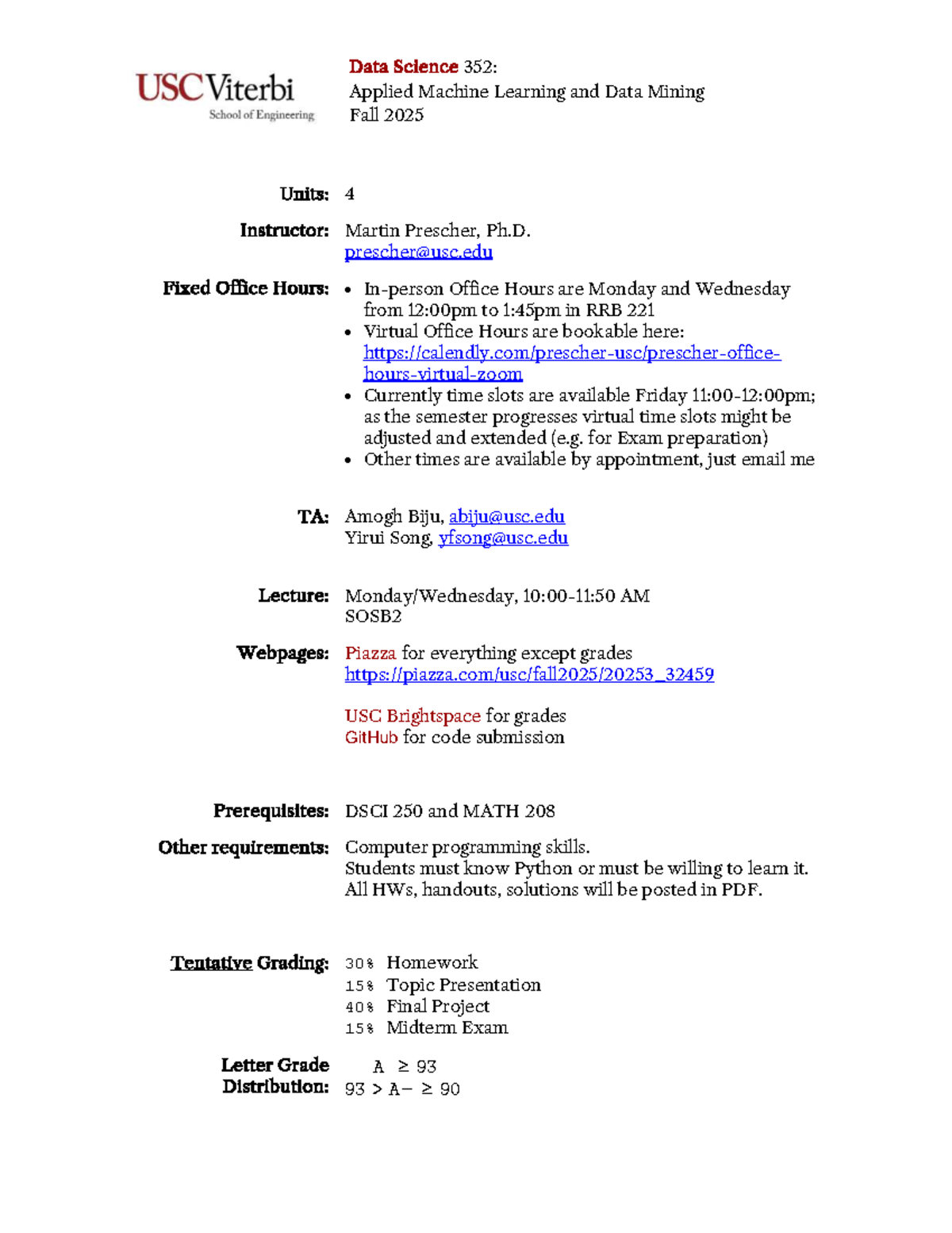 Syllabus for DSCI 352: Applied Machine Learning & Data Mining Fall 2025 ...