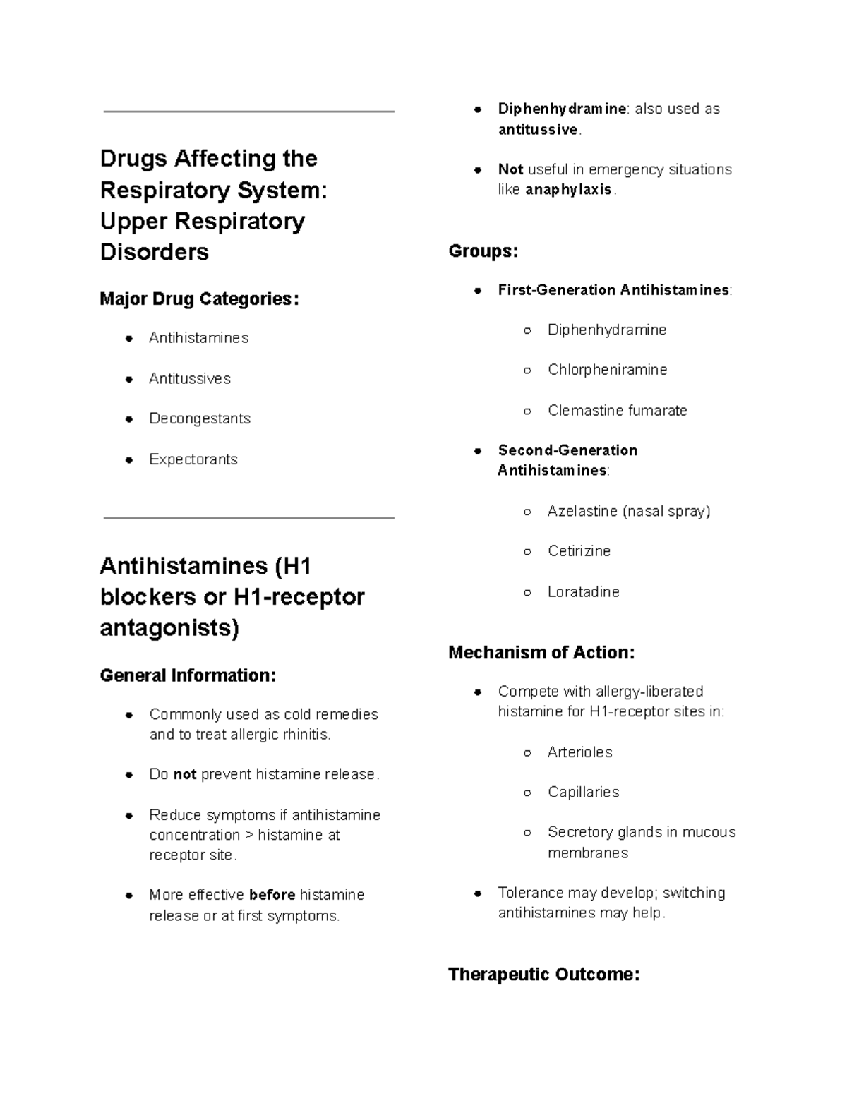 M10-NG- Pharma: Diphenhydramine & Respiratory Drug Overview - Studocu