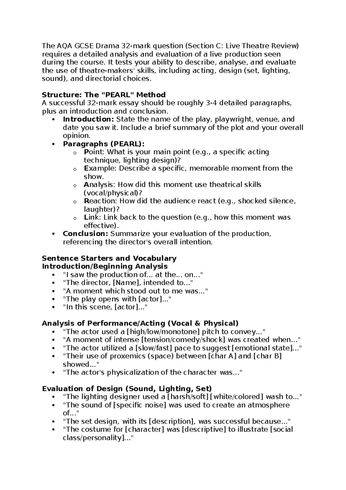 AQA GCSE Drama Live Theatre Review Guide (32 Marker) - Studocu