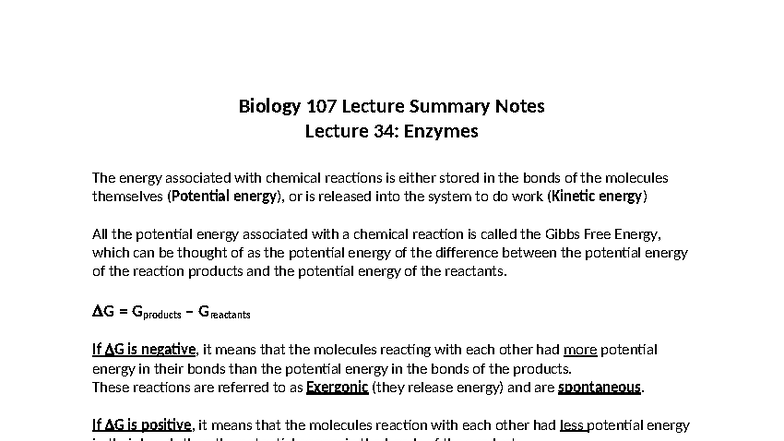 Biology 107 Lecture Notes: Enzymes & Gibbs Free Energy Analysis - Studocu