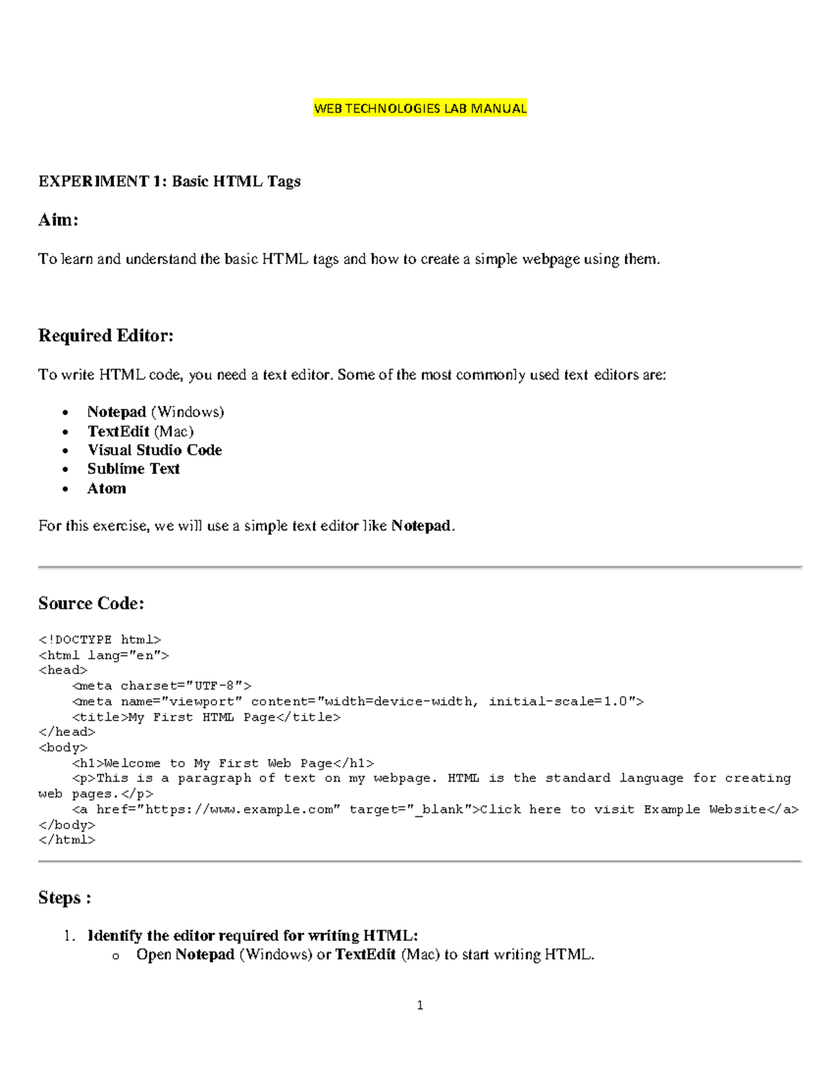 WEB TECHNOLOGIES LAB MANUAL: Experiments on HTML, CSS, and JavaScript - Studocu