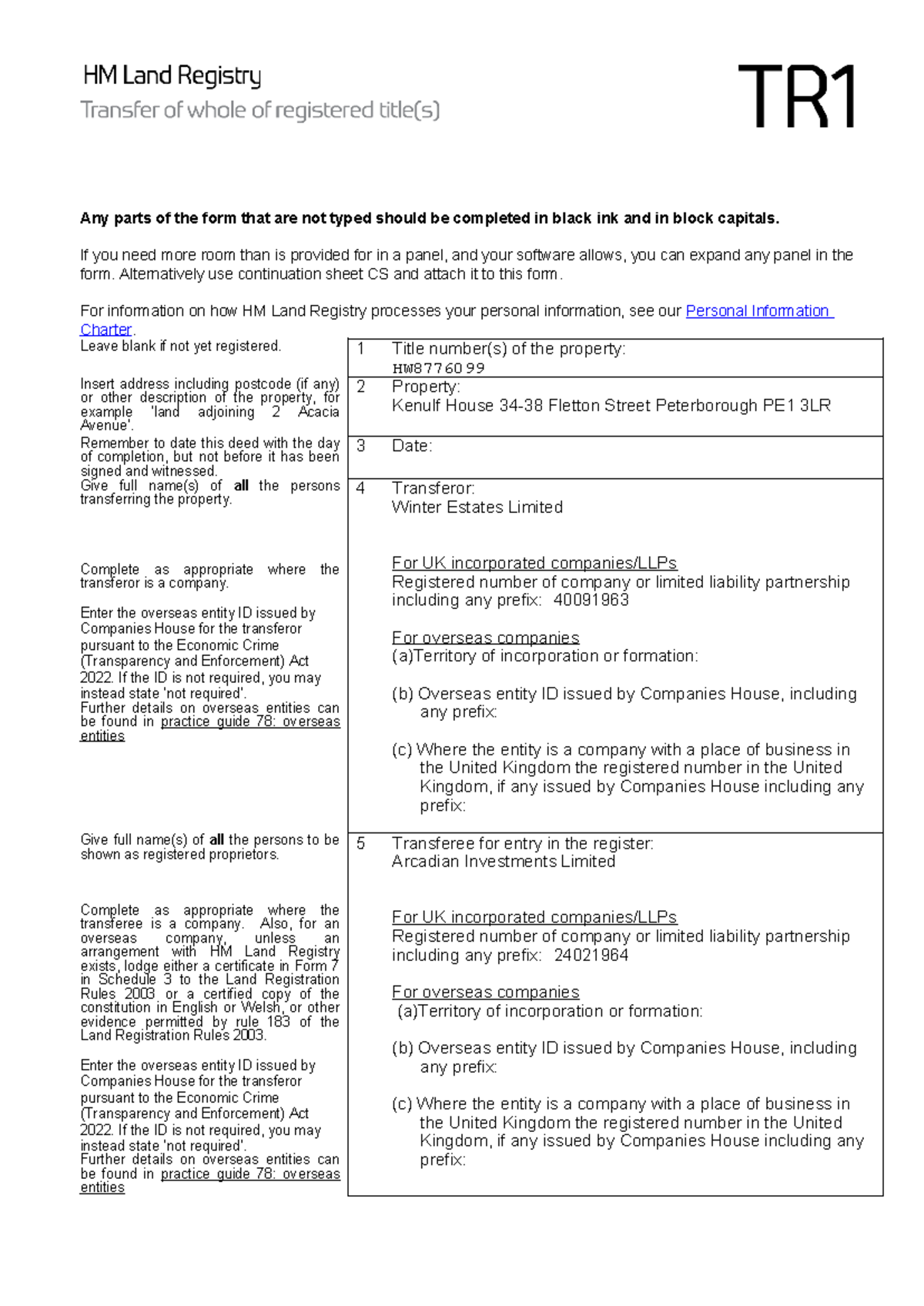 Form TR1 Instructions for Land Registry Transactions - Studocu