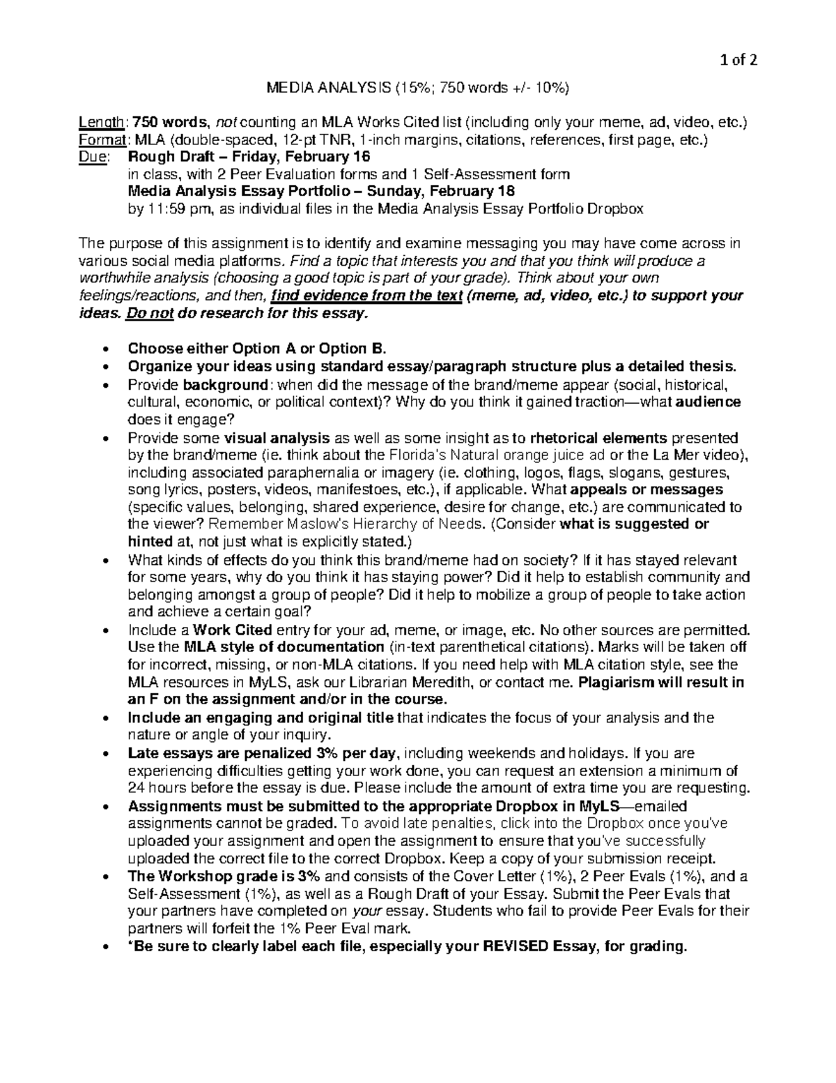 Media Analysis Essay Guidelines - W24 (750 words, MLA format) - Studocu