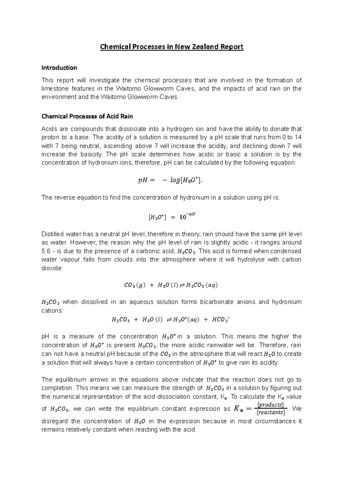 Chemistry 3.3 Report on Chemical Processes in Waitomo Caves - Studocu