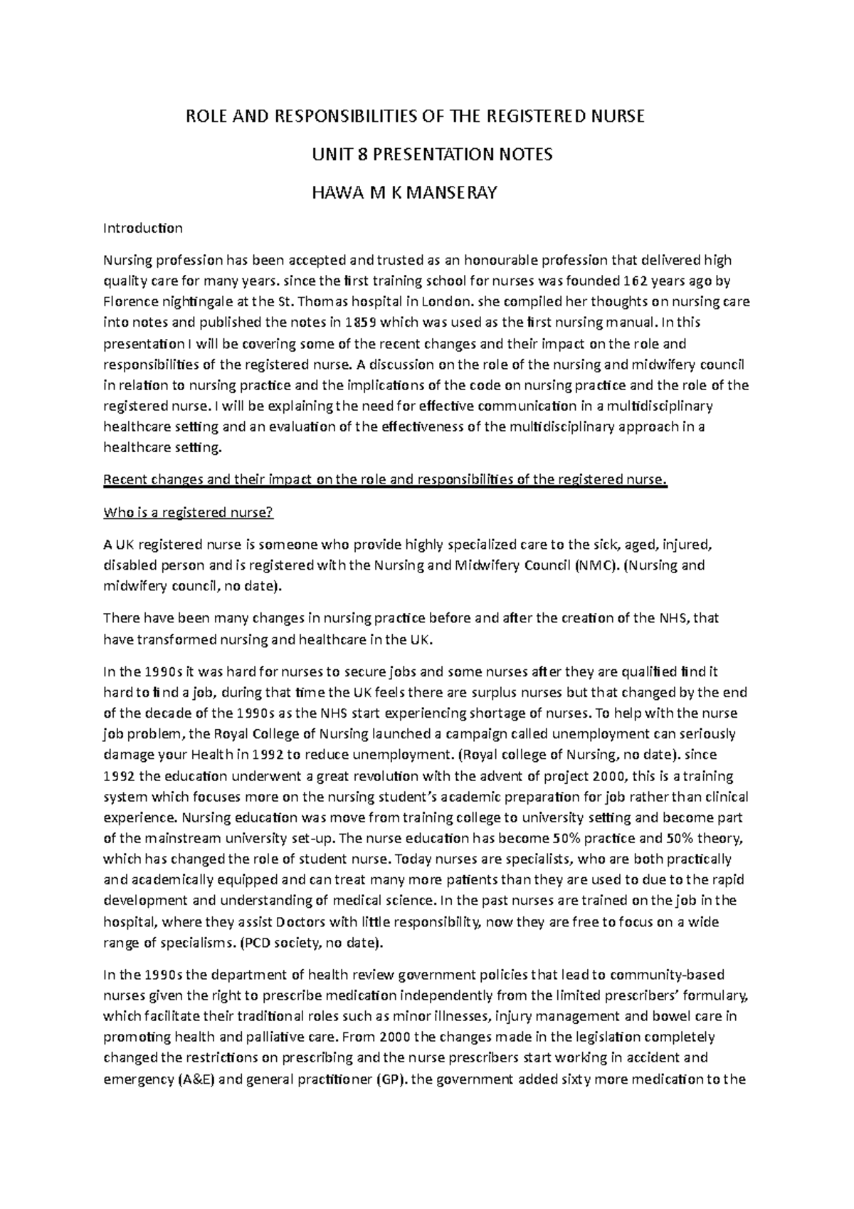 Unit 8 Presentation Notes: Role & Responsibilities of Registered Nurses ...