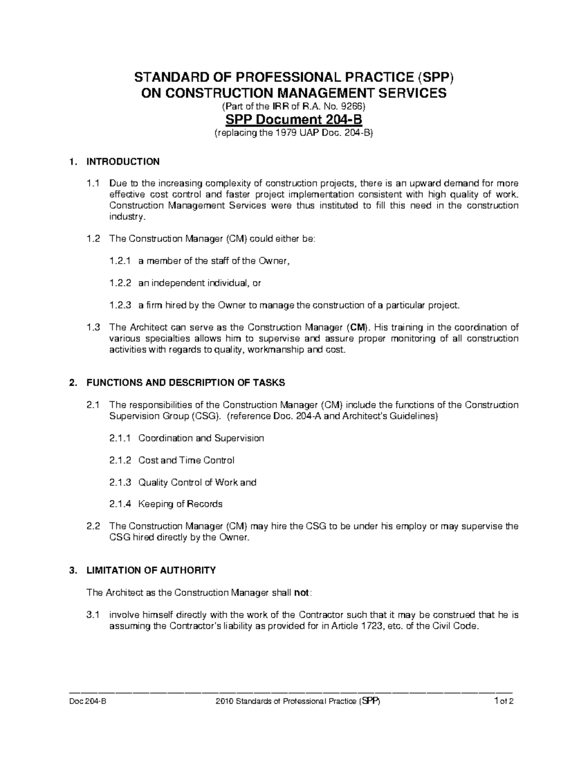 SPP 204A - Philippine Standards of Professional Practice 204A - Full-Time Supervision Services ...
