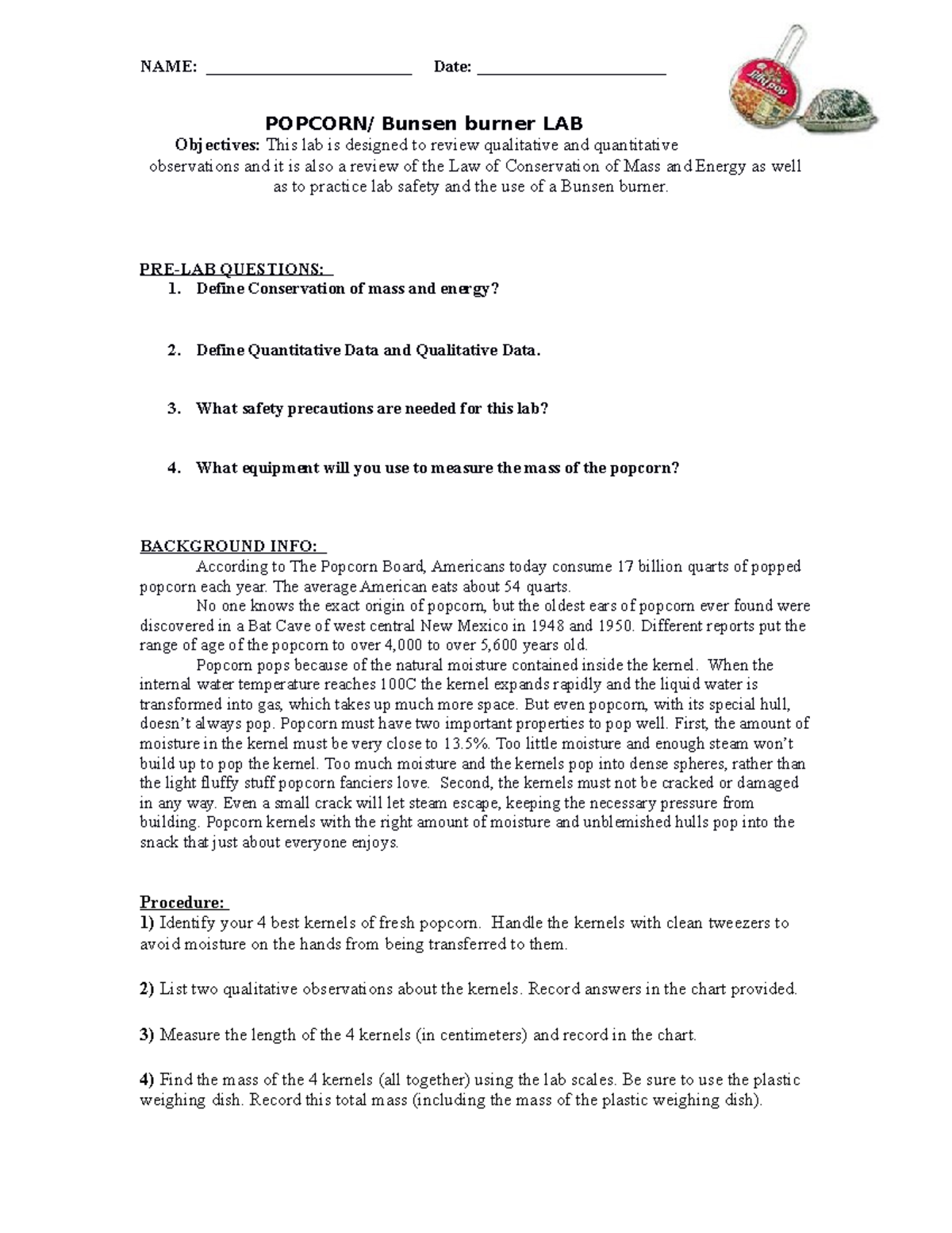 Popcorn Lab Report - Bunsen Burner Experiment Overview - Studocu