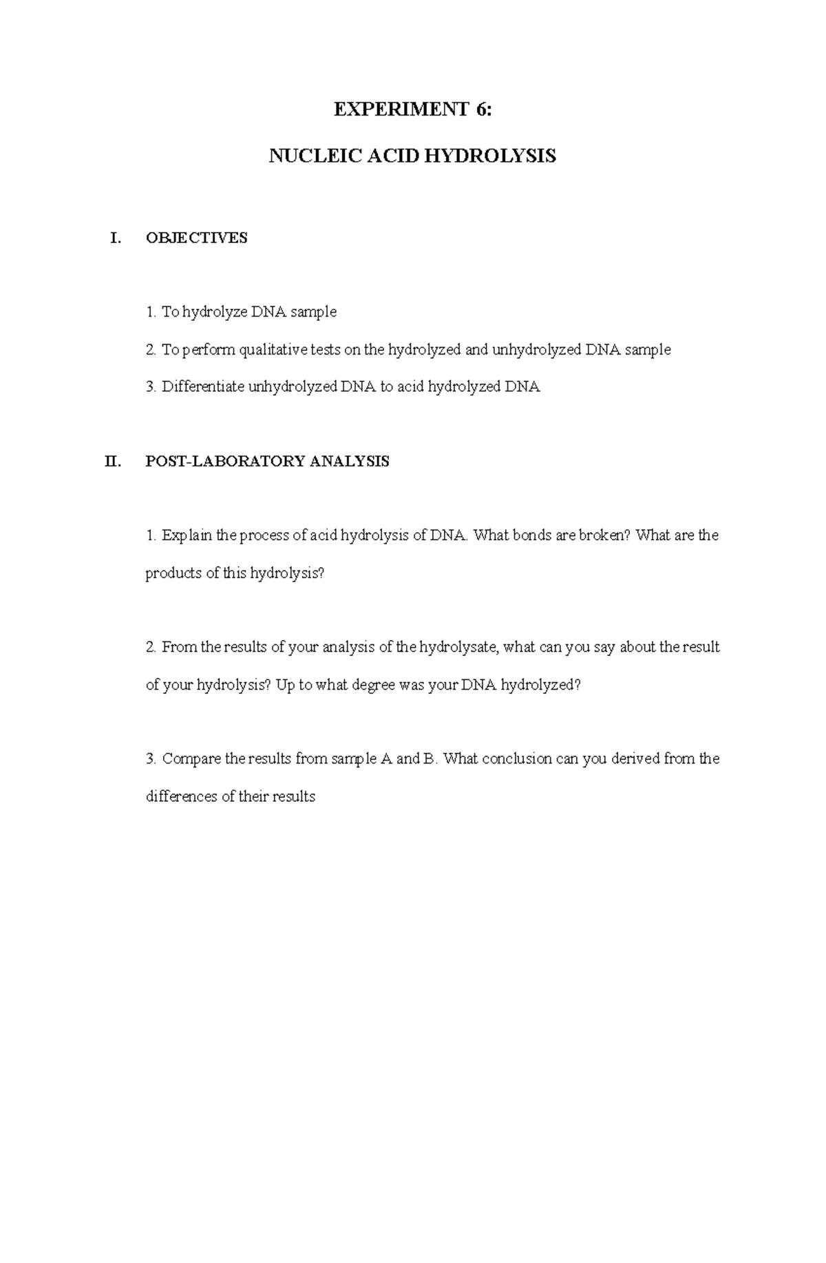 Lab Report #6: Nucleic Acid Hydrolysis Analysis and Results - Studocu