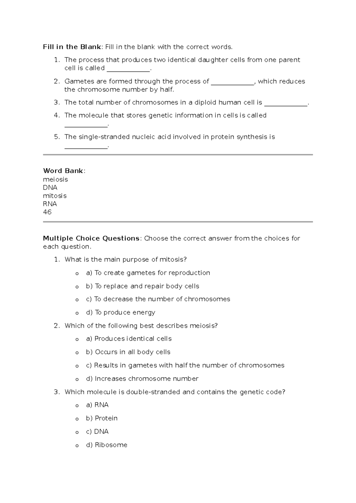 Cell Division Quiz: Fill in the Blanks & MCQs - Hmk - Studocu
