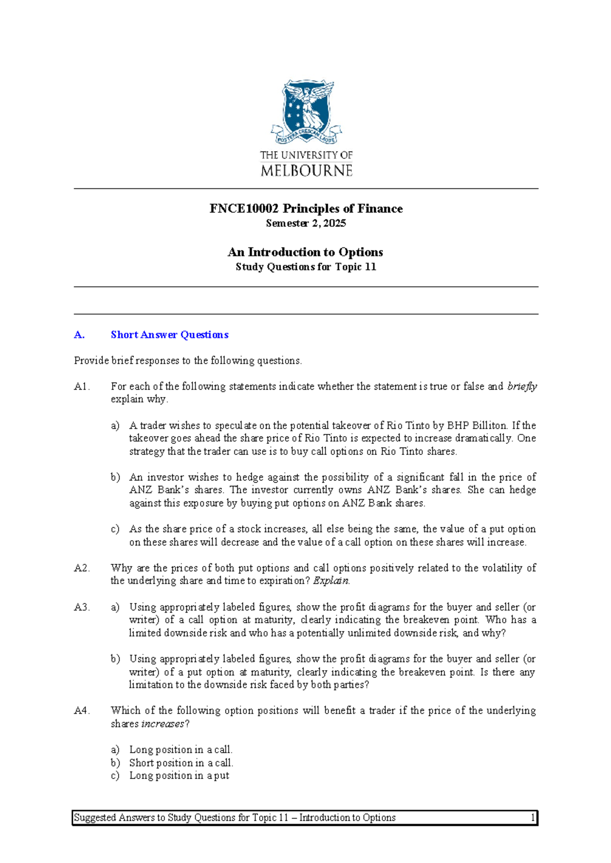 Principles of Finance (FIN2025) Tutorial 11: Study Questions on Options ...