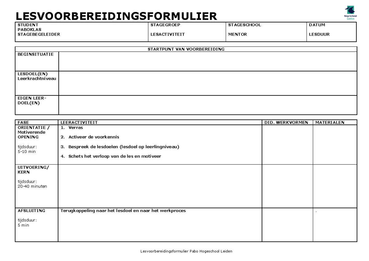 Lesvoorbereidingsformulier PLV1 voor Pabo Studenten in Hogeschool ...