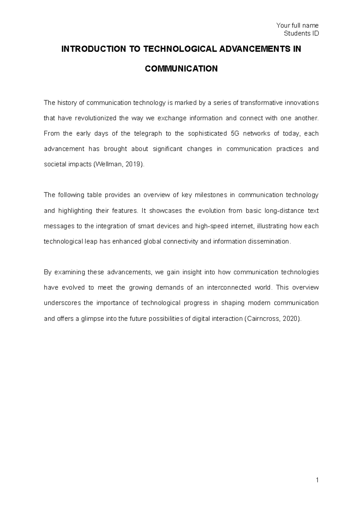 TECH 101: Advancements in Communication Technology Overview - Studocu