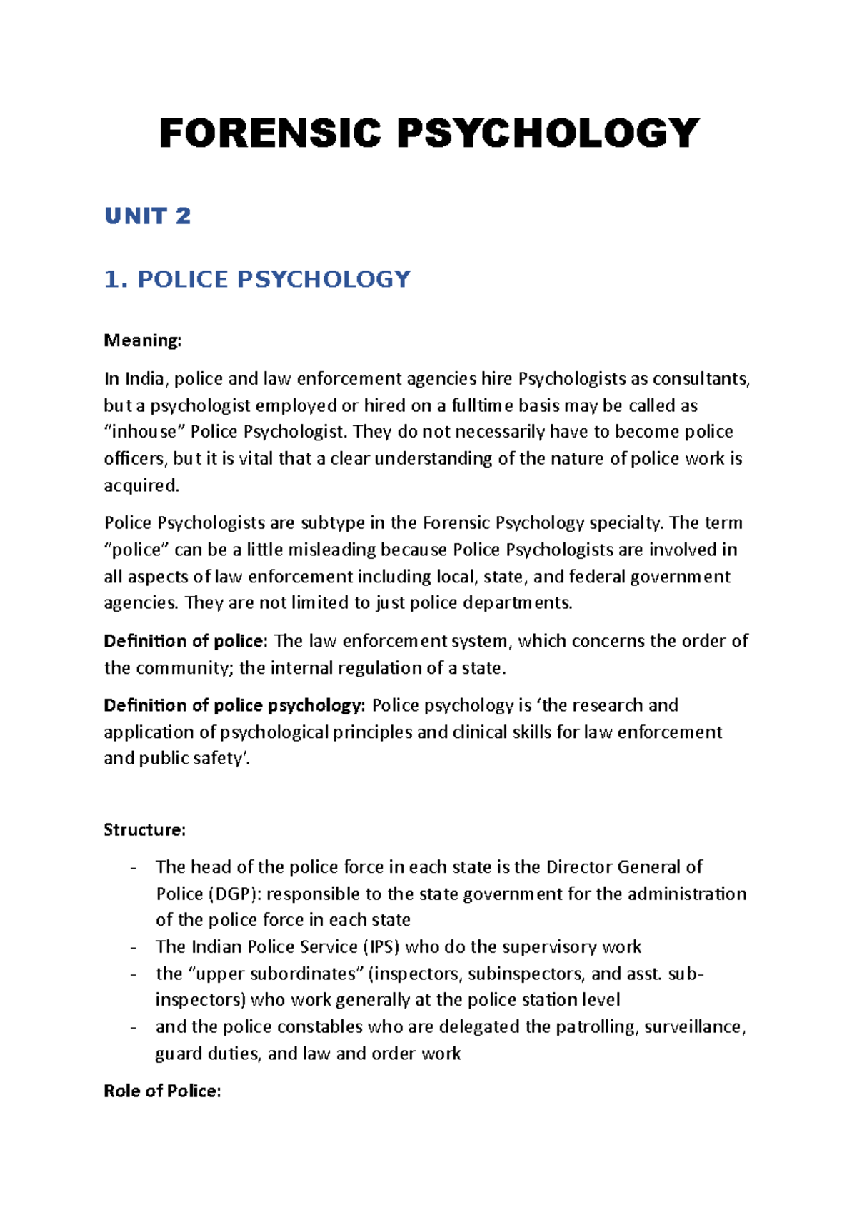 Forensic Psychology: Insights from Unit 2 on Police Psychology and ...