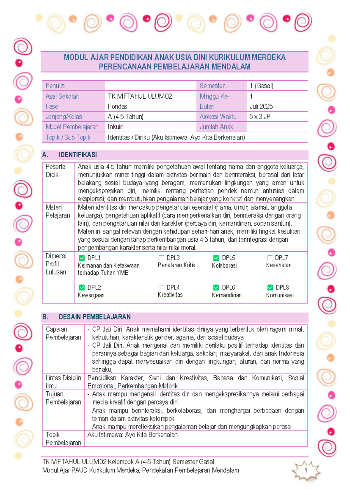 Modul Ajar PAUD Kurikulum Merdeka: Pembelajaran Mendalam TK MIFTAHUL ...