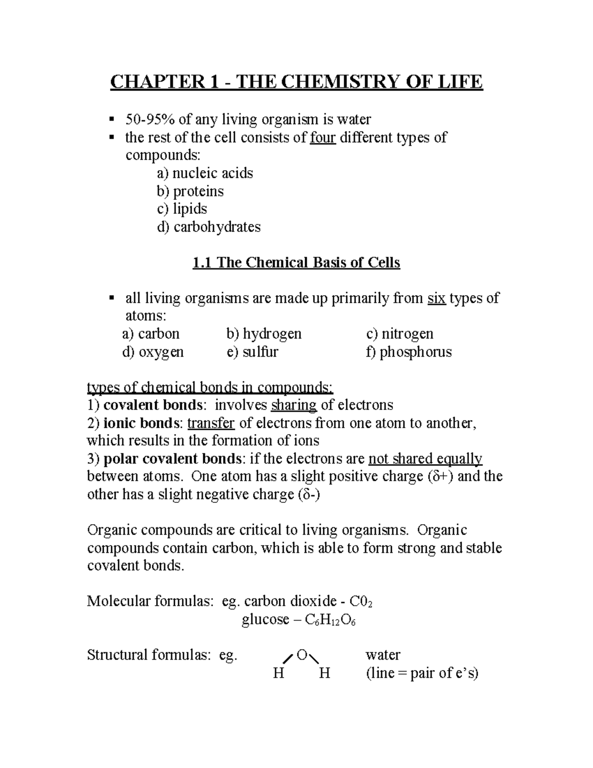 CHAPTER 1.1: THE CHEMISTRY OF LIFE - CHEM - Studocu