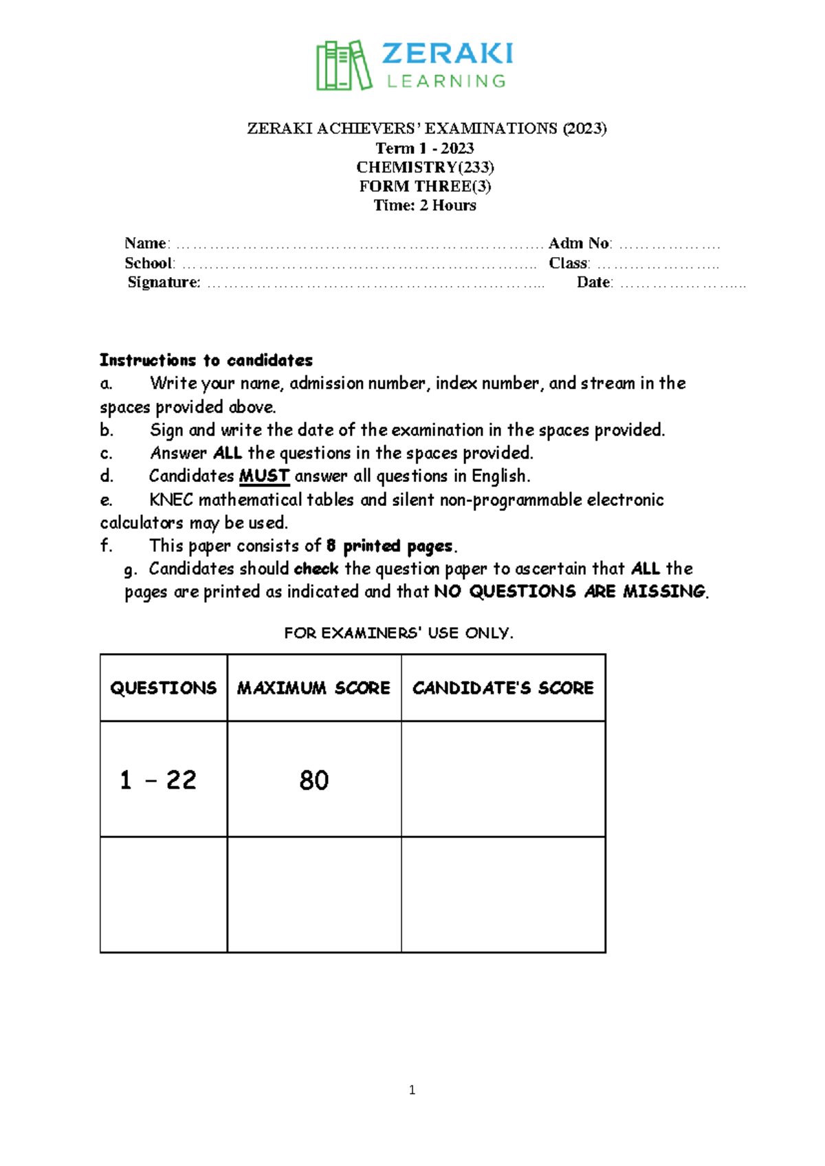 Undefined Chemistry Form 3 - Question Paper - ZERAKI ACHIEVERS ...