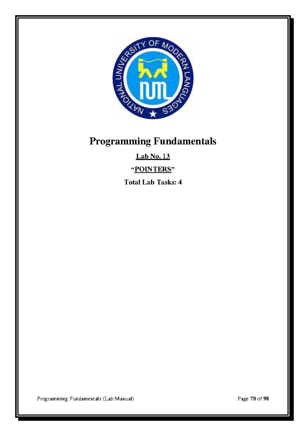 PF LAB - Pointers Overview and Programming Exercises - Studocu