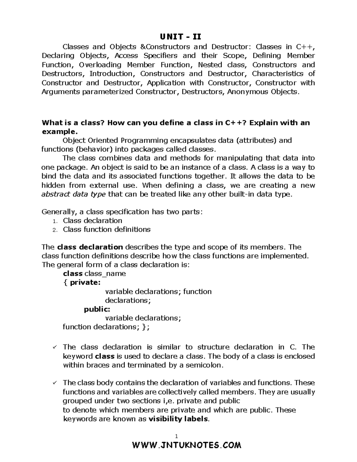 OOP Concepts in C++ - UNIT II: Classes, Objects & Destructors - Studocu
