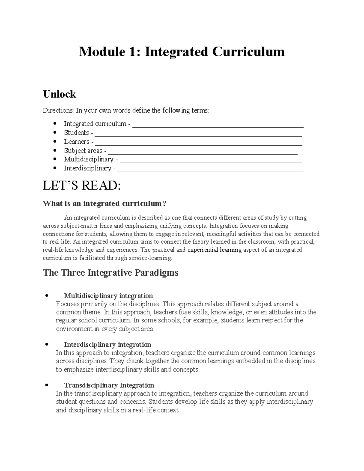 M1 SS17 - It deals with the introduction to integrative teaching ...