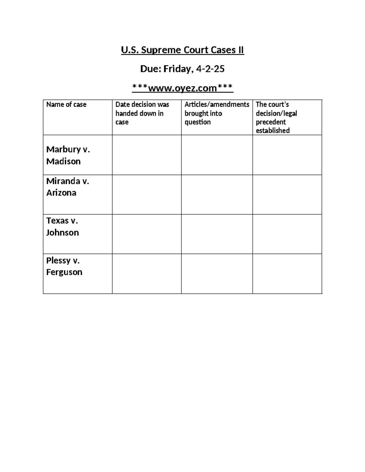 US Supreme Court Cases II - U. Supreme Court Cases II Due: Friday, 4-2 ...