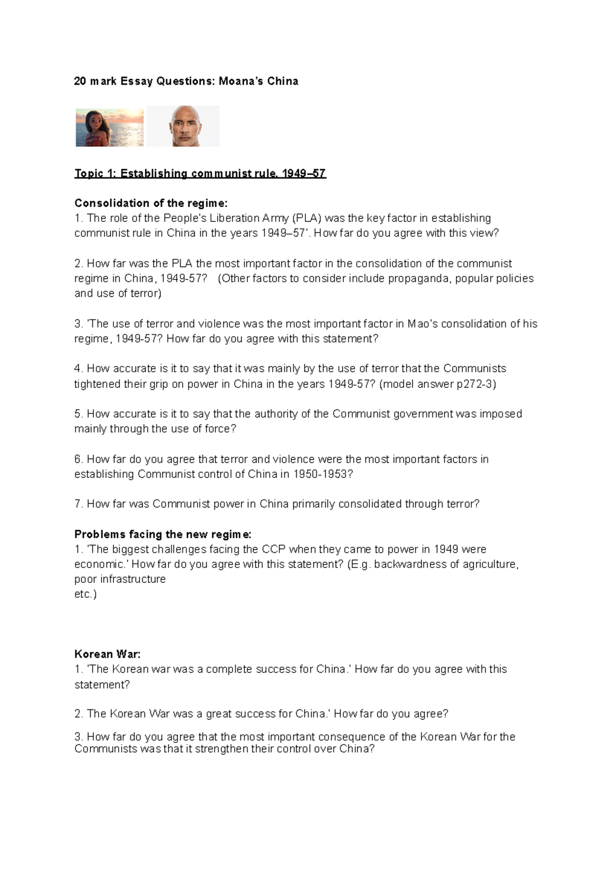 20 Mark Essay Questions: Mao's China (1949-1976) Analysis - Studocu
