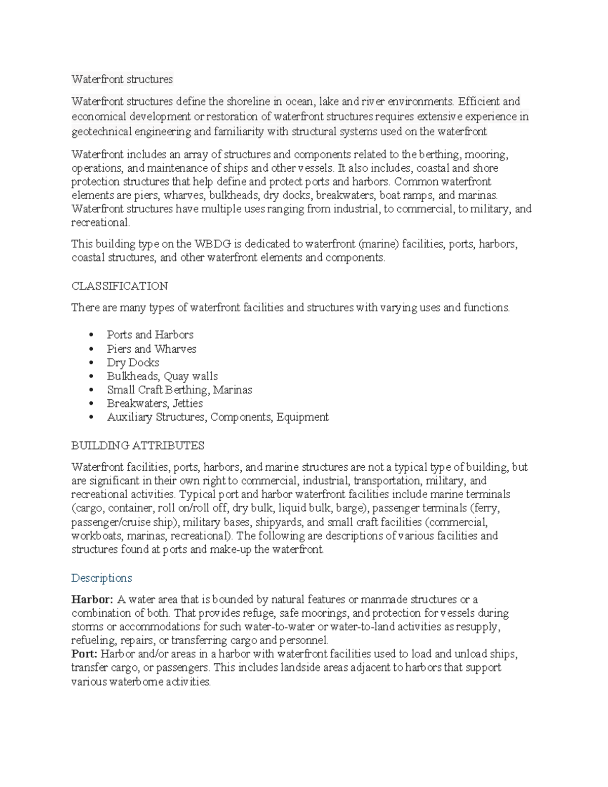 Waterfront Structures: Types, Functions, and Emerging Issues - Studocu