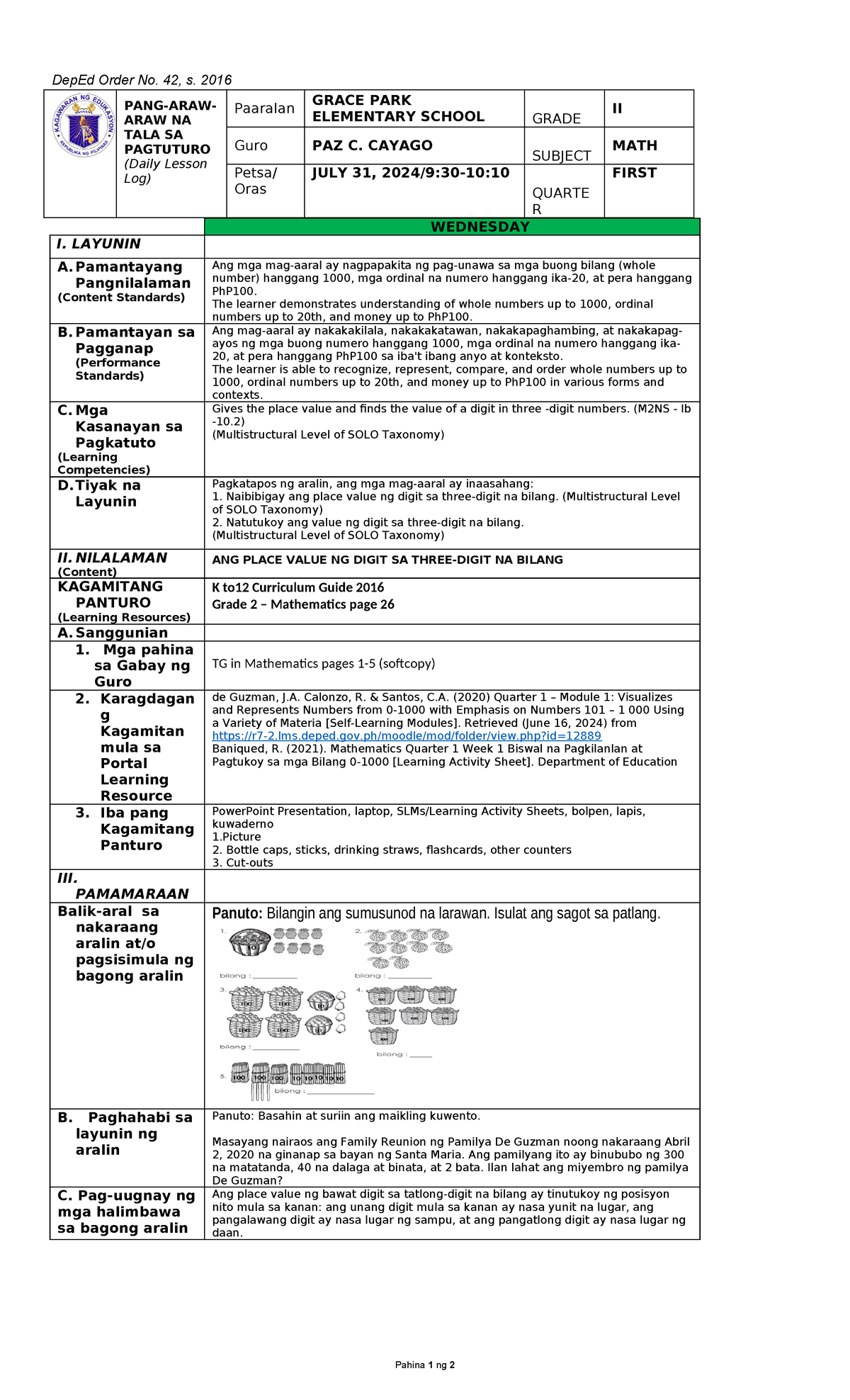 MATH 2 Q1 W1 Lesson Plan: Understanding Whole Numbers and Place Value ...