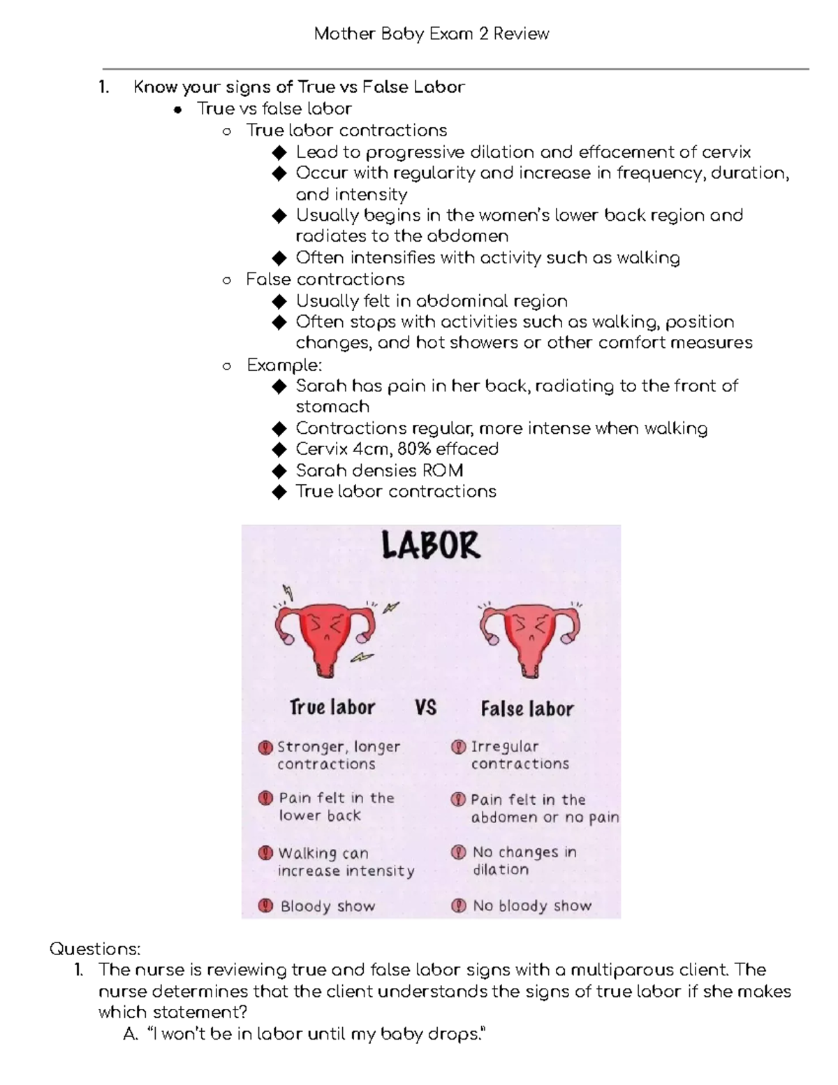 OB 2nd Exam Study Guide: True vs False Labor Insights - Studocu