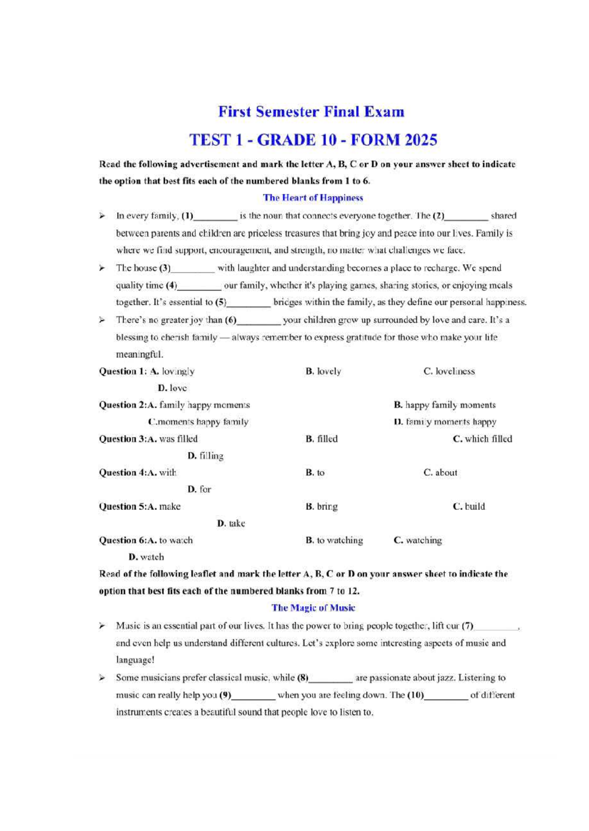 First Semester Final Exam TEST 1 GRADE 10 FORM 2025 - Studocu