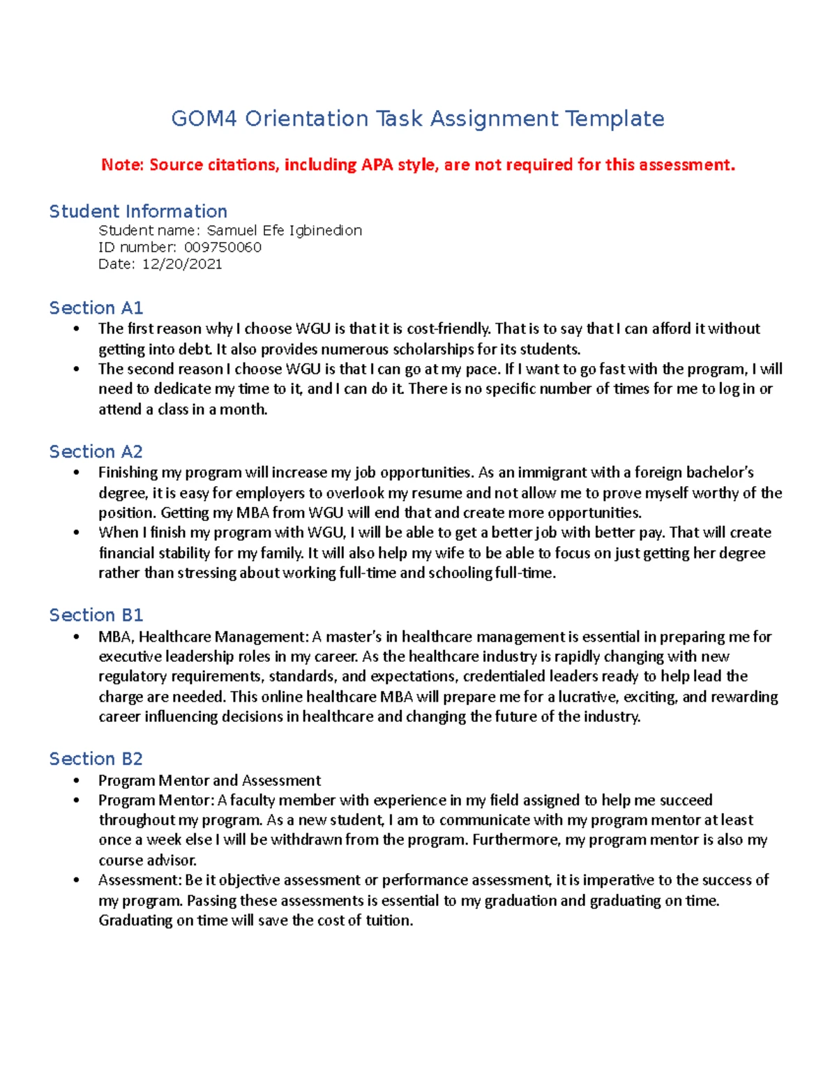 WGU - Orientation Task - Submission that I passed with - GOM1 Orientation Task 1 Assignment ...