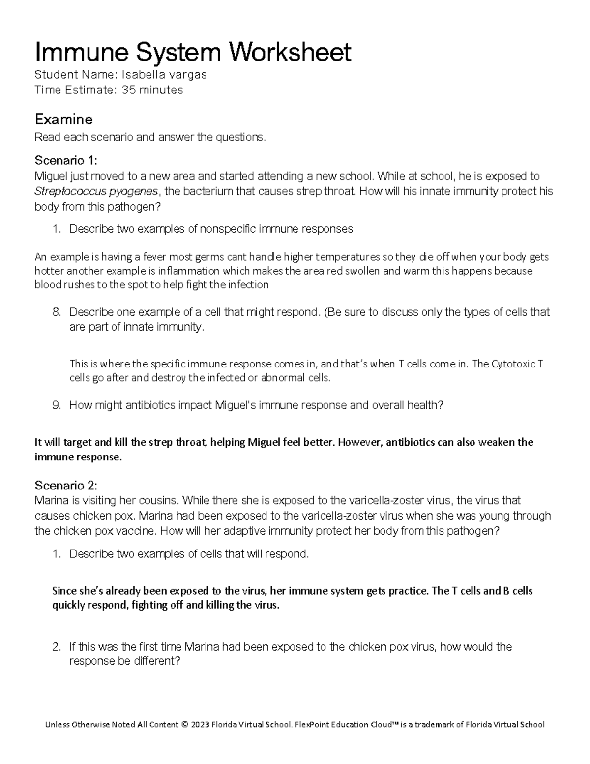 Immune System Worksheet: Scenarios & Responses Analysis - Studocu