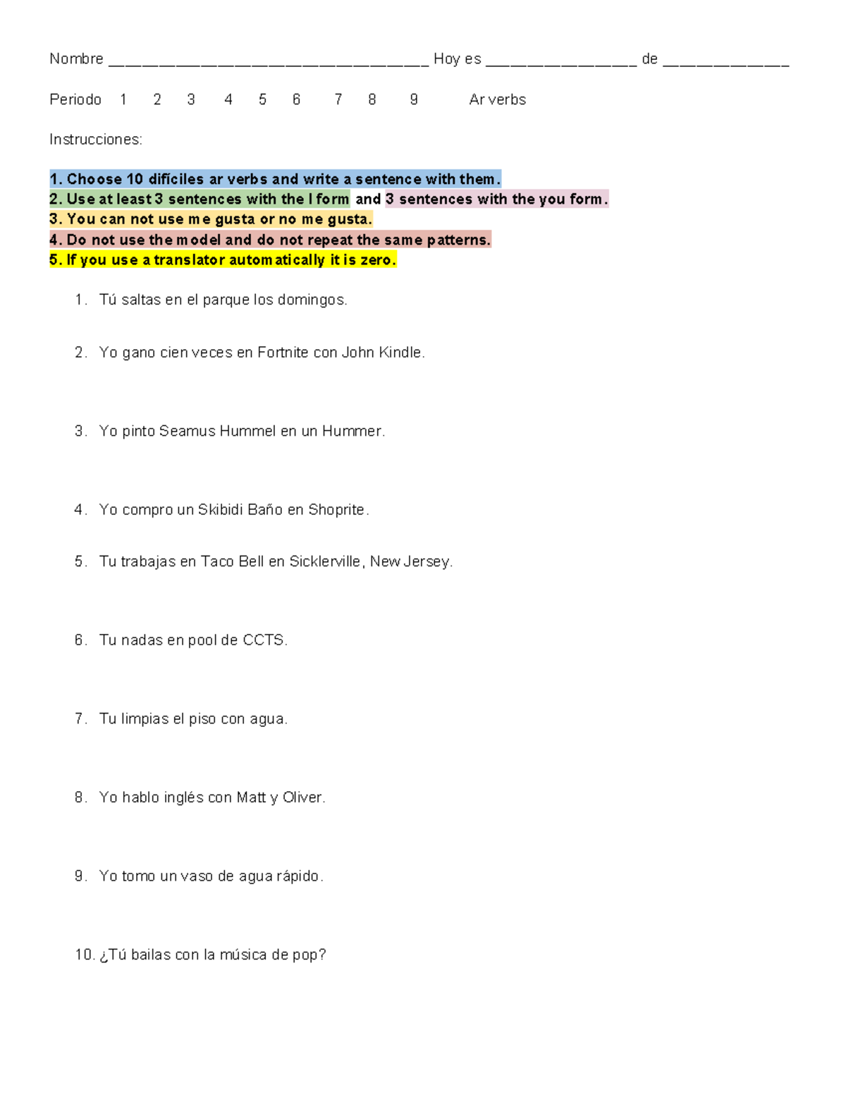 Ar verbs sentences I and you form Classwork - Nombre