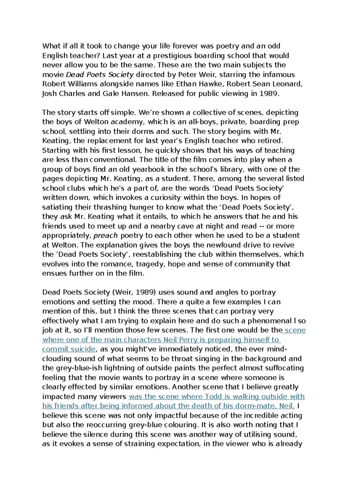 Dead Poets Society (ENG 101) Film Review and Analysis - Studeersnel