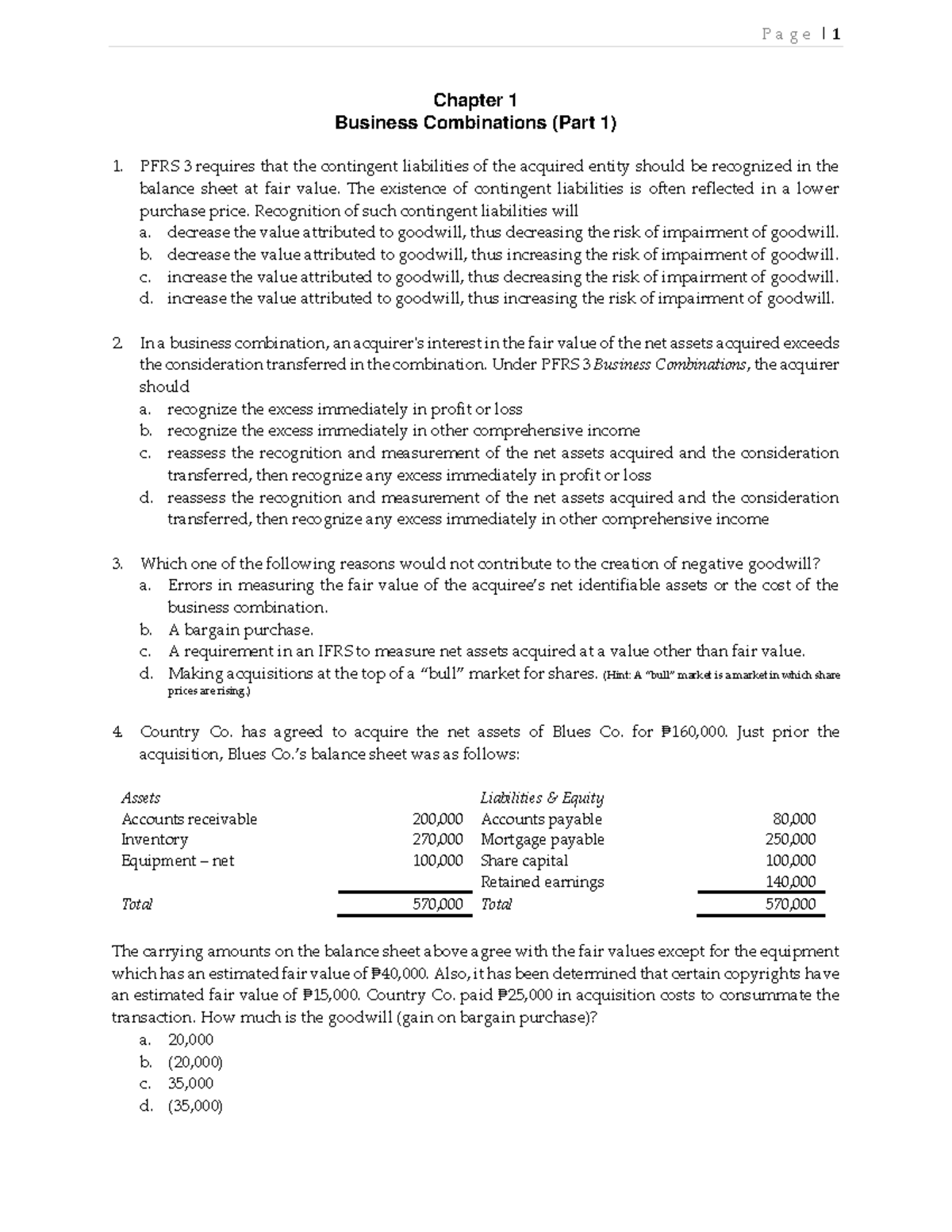 Chapter 1 Business Combinations Quiz Questions And Answers Studocu