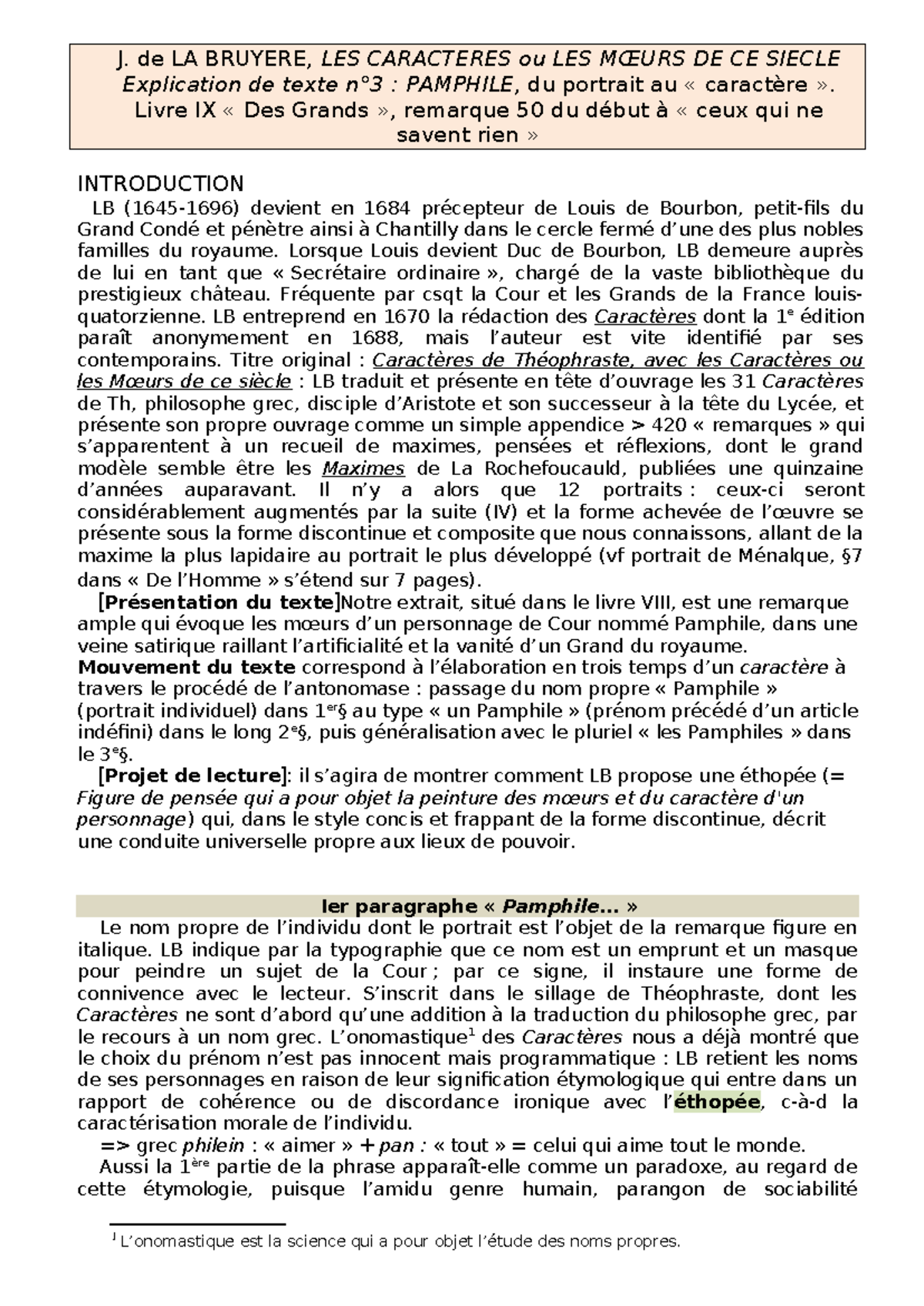 Explication de Texte n°3: Pamphile dans "Les Caractères" (J. de La ...