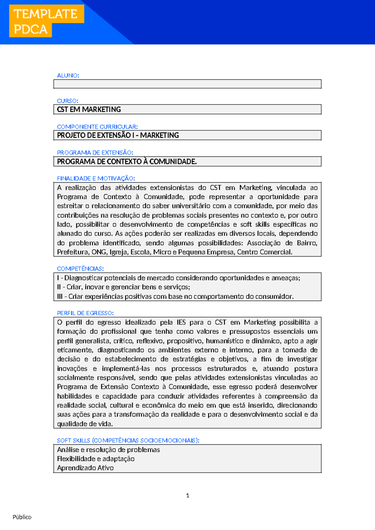 Template PDCA para Projeto de Extensão I - CST em Marketing - Studocu