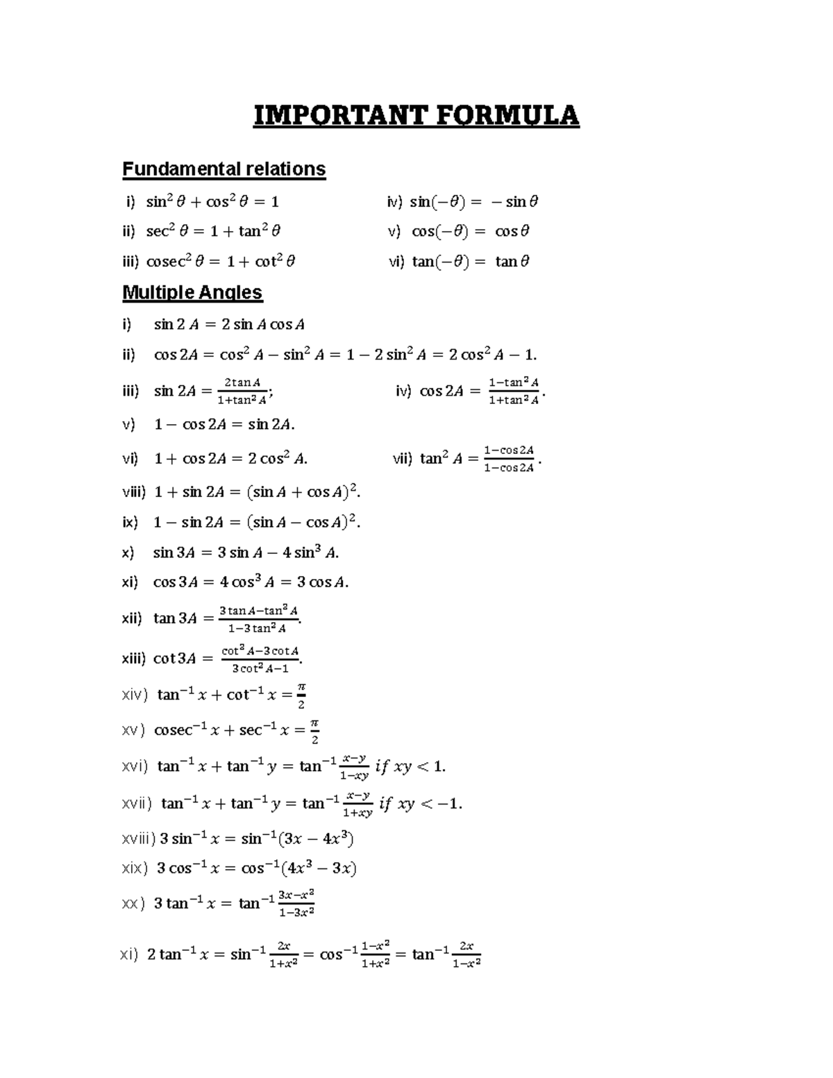 Mathematics Formulas & Derivatives Notes (MATH 101) - Studocu