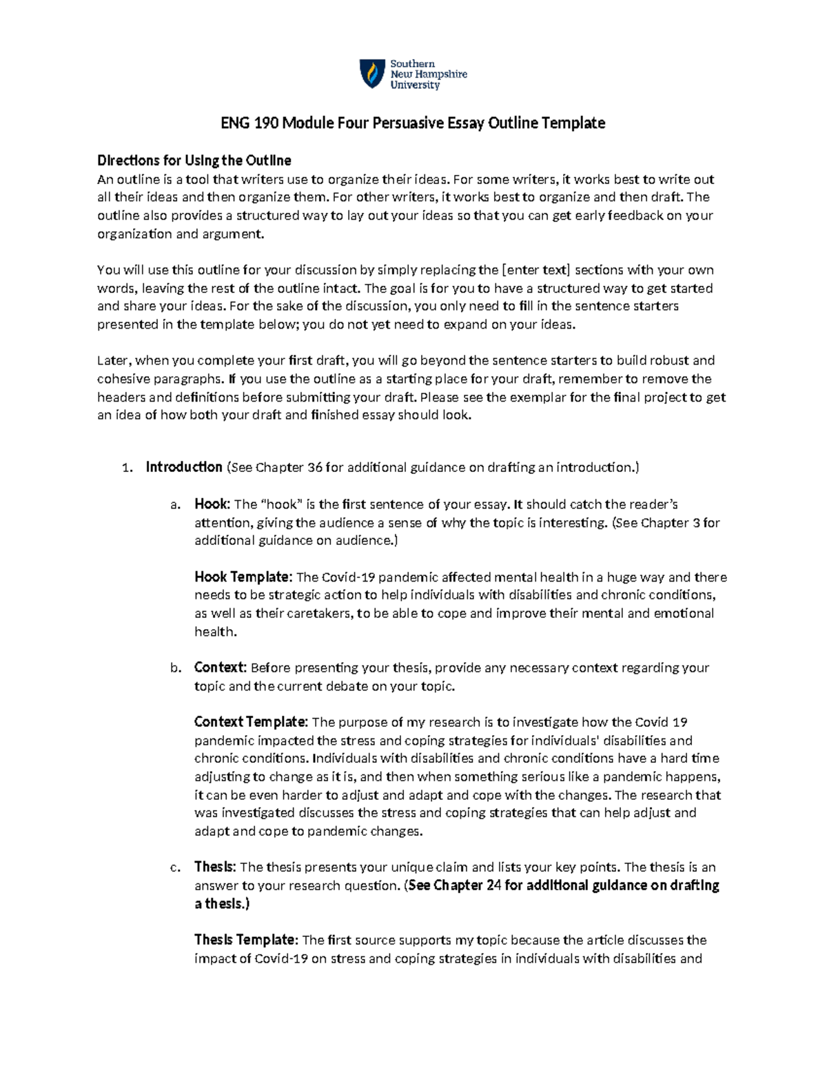 ENG 190 Module Four Persuasive Essay Outline and Guidance Template ...