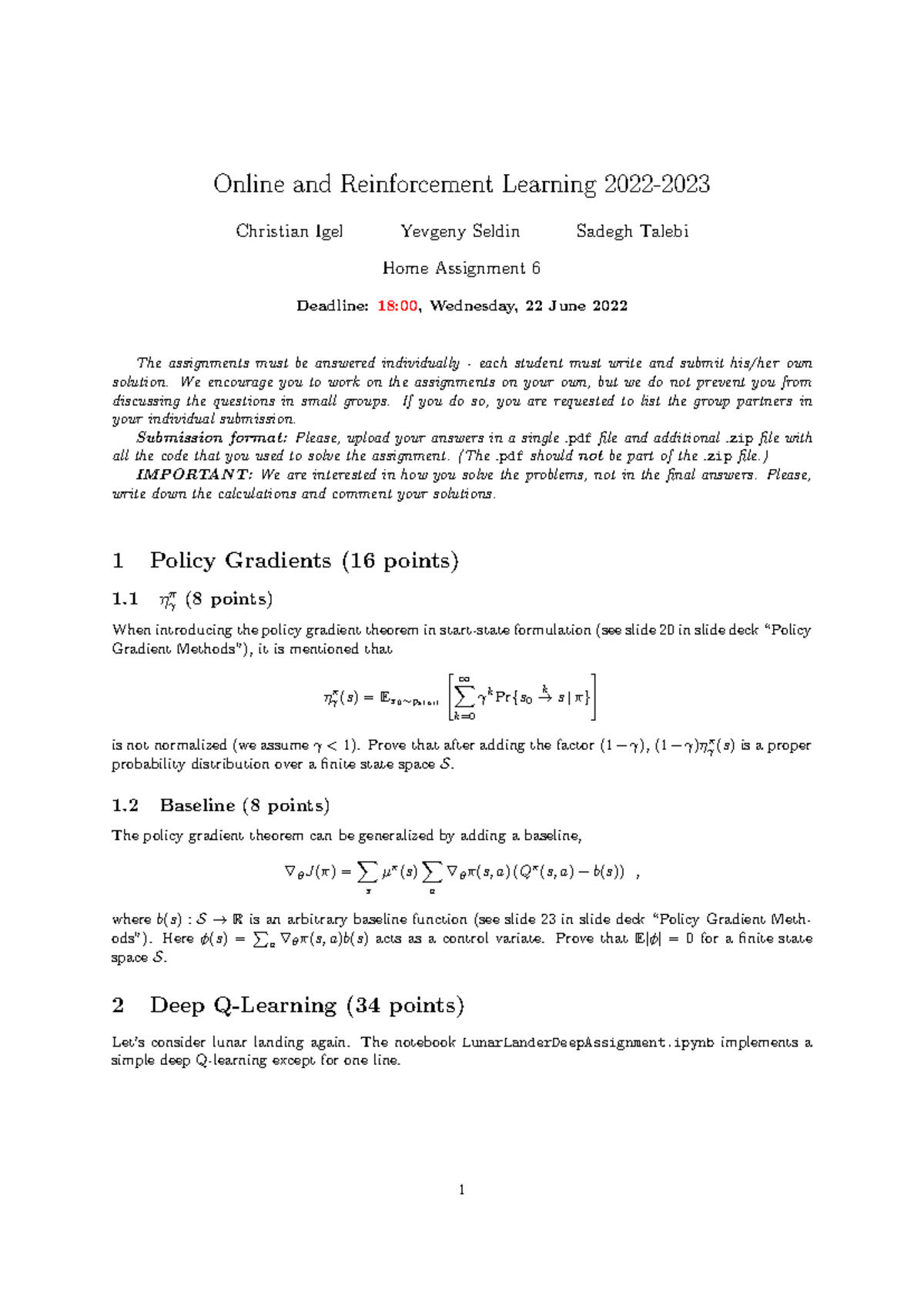 OREL Assignment 6 - Policy Gradients, Deep Q-Learning & Simulation ...
