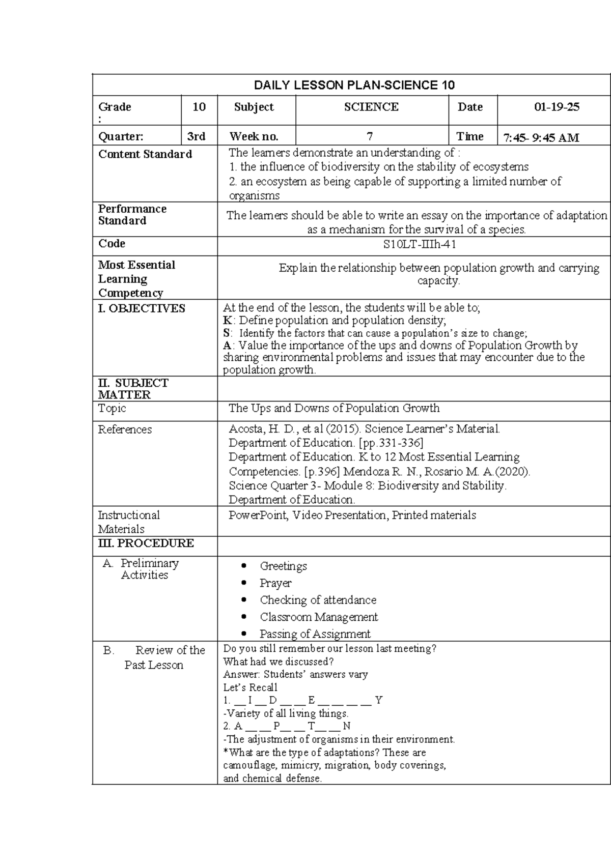 Grade 10 Science Lesson Plan: Population Growth & Ecosystem Stability ...