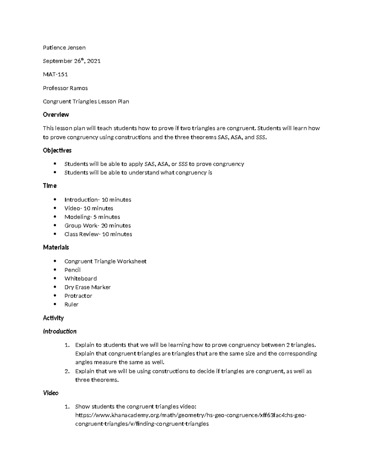 MAT-151 Congruent Triangles Lesson Plan - Patience Jensen September ...