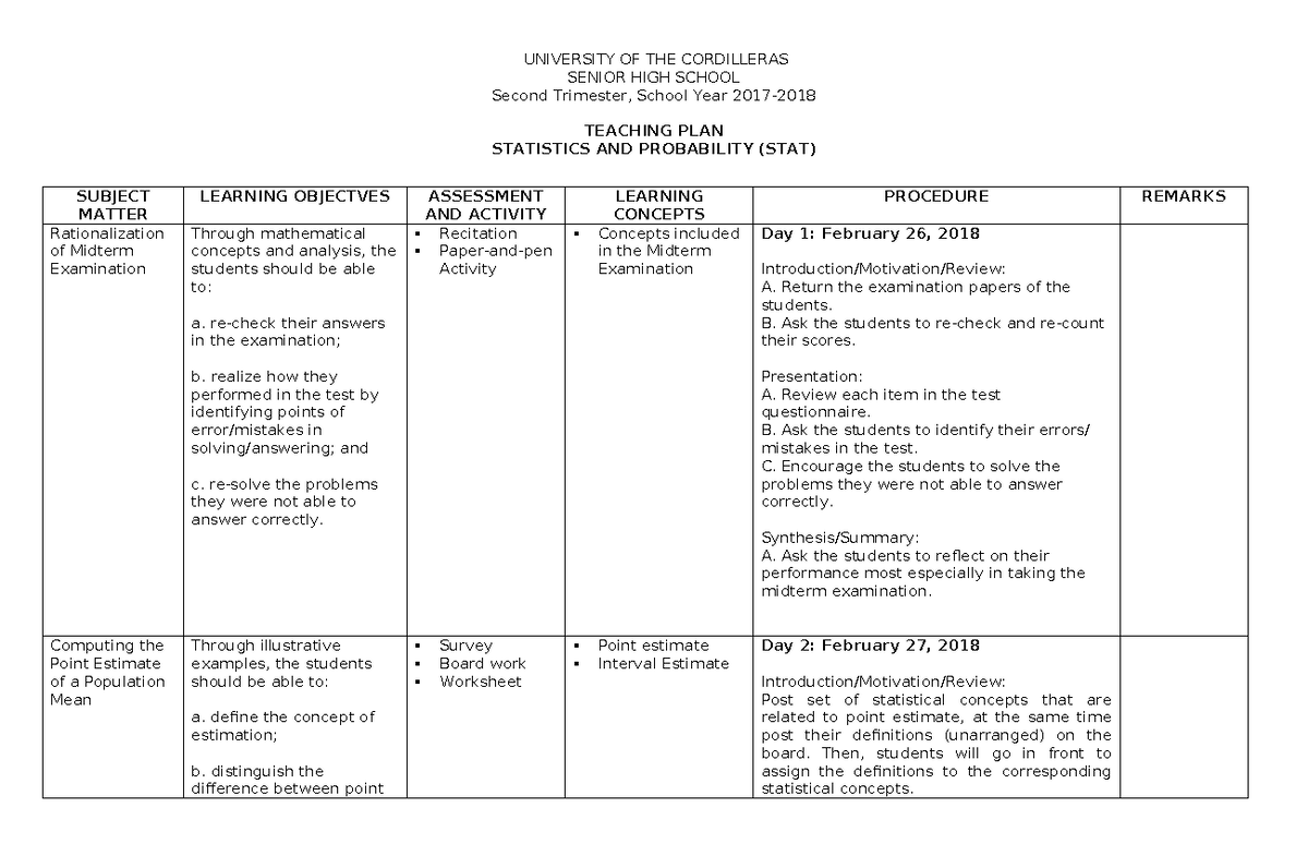 Stat - Learning Plan - Week 9 - UNIVERSITY OF THE CORDILLERAS SENIOR ...