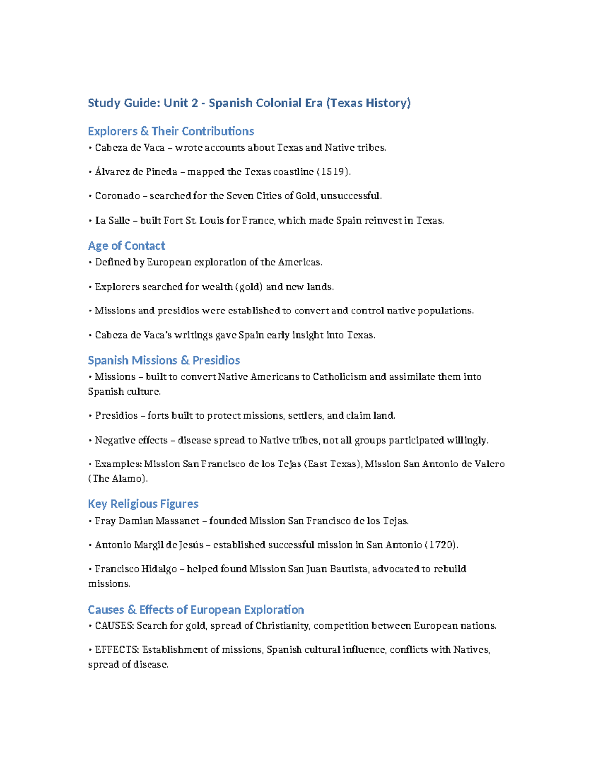 Study Guide: Unit 2 - Spanish Colonial Era in Texas History - Studocu