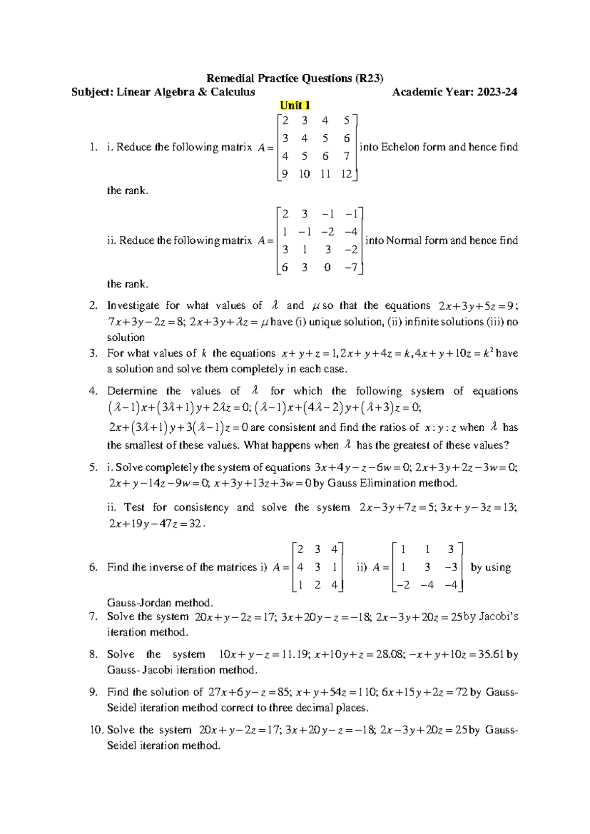 Linear Algebra & Calculus Remedial Practice Questions (R23) - Studocu