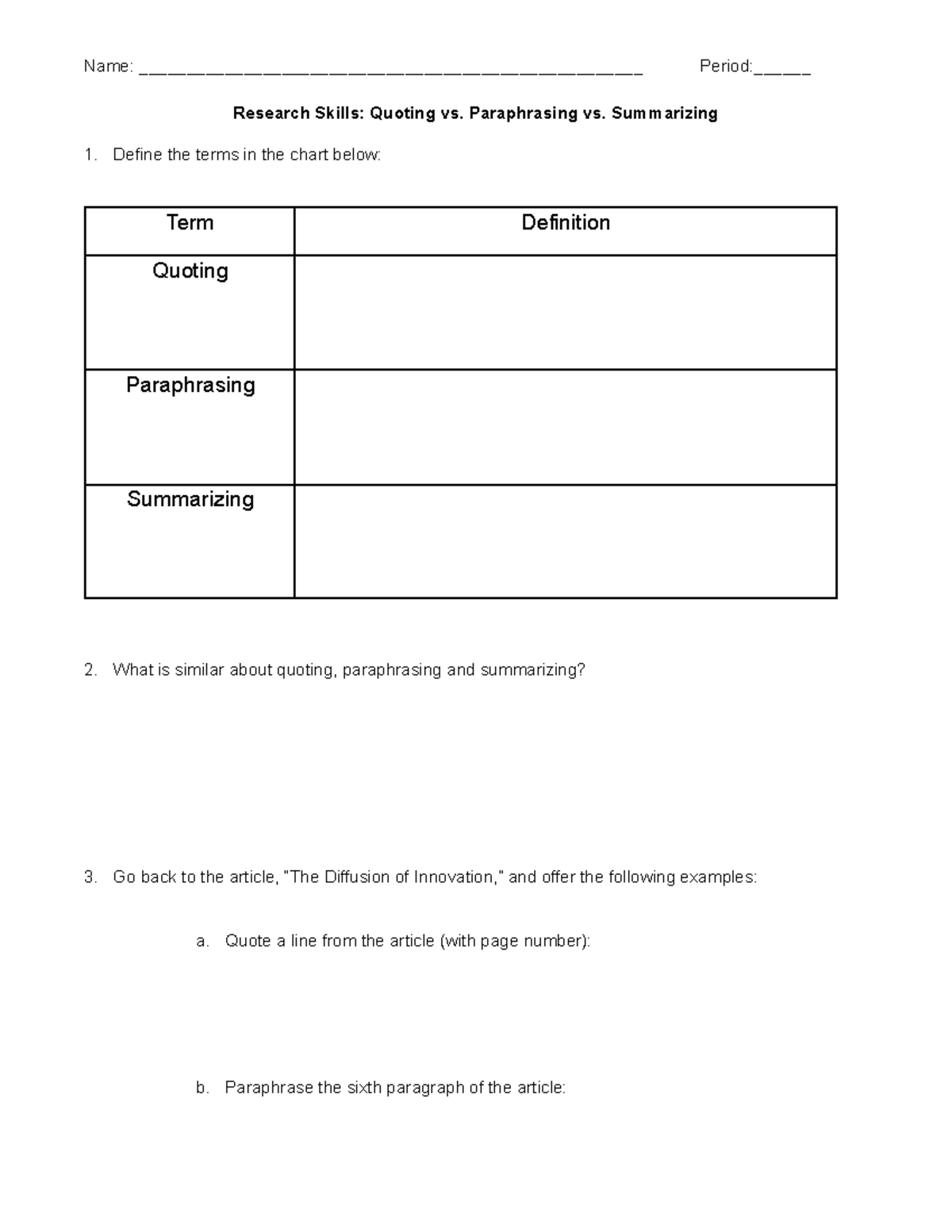 Copy of Research Skills Quoting vs Summarizing - Name: - Studocu