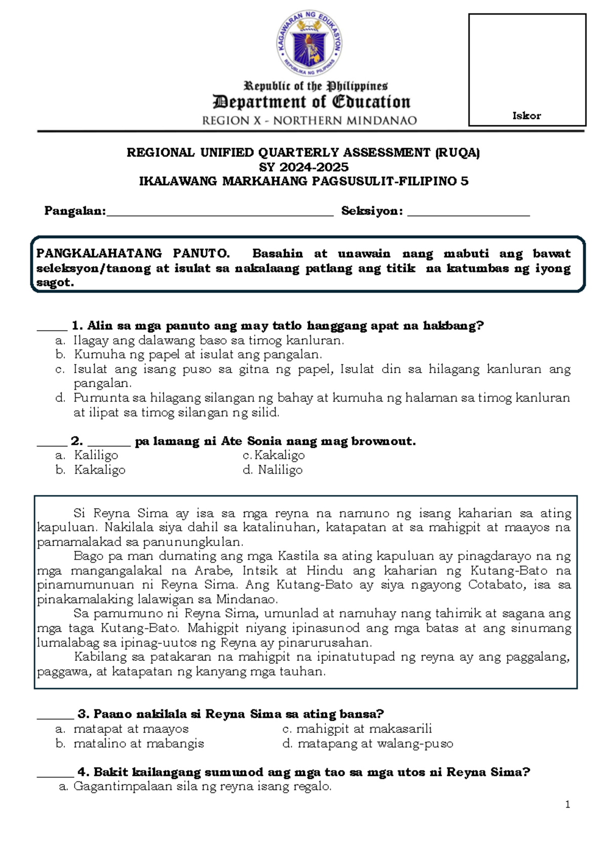 Filipino-5-Quarter 2 - EXam - REGIONAL UNIFIED QUARTERLY ASSESSMENT ...