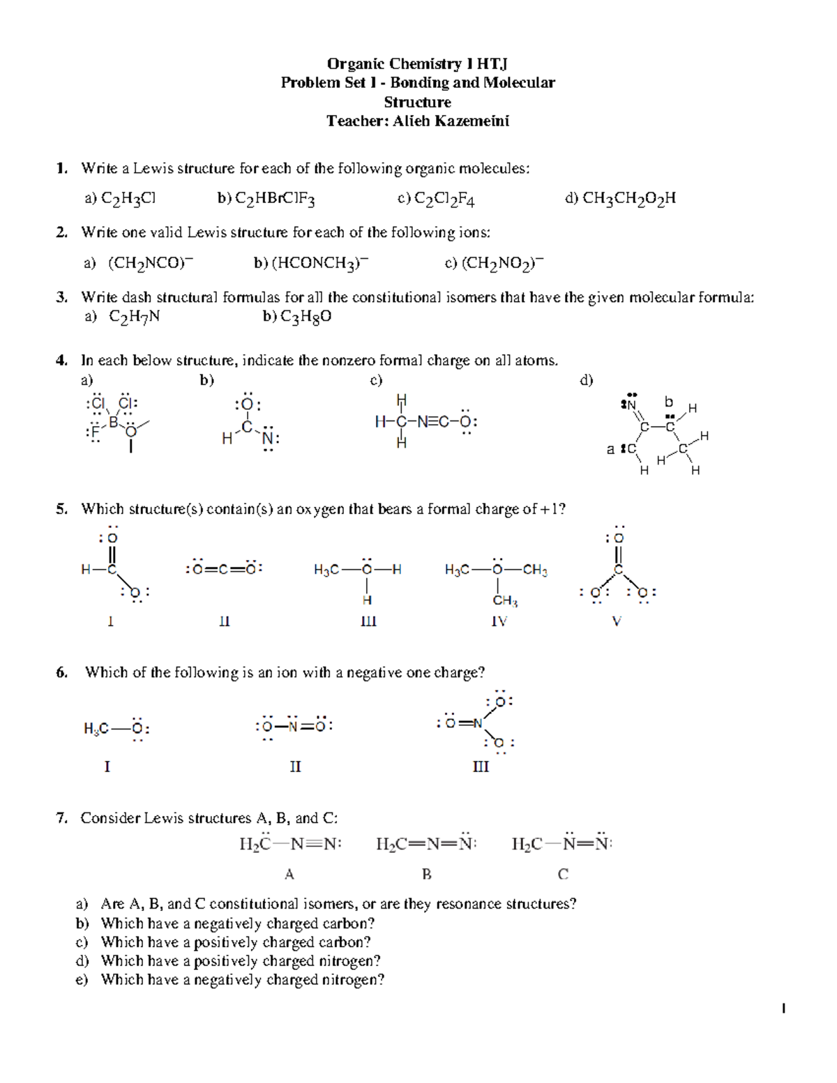 Problem Set I - Bonding and Molecular Structure - Organic Chemistry I ...